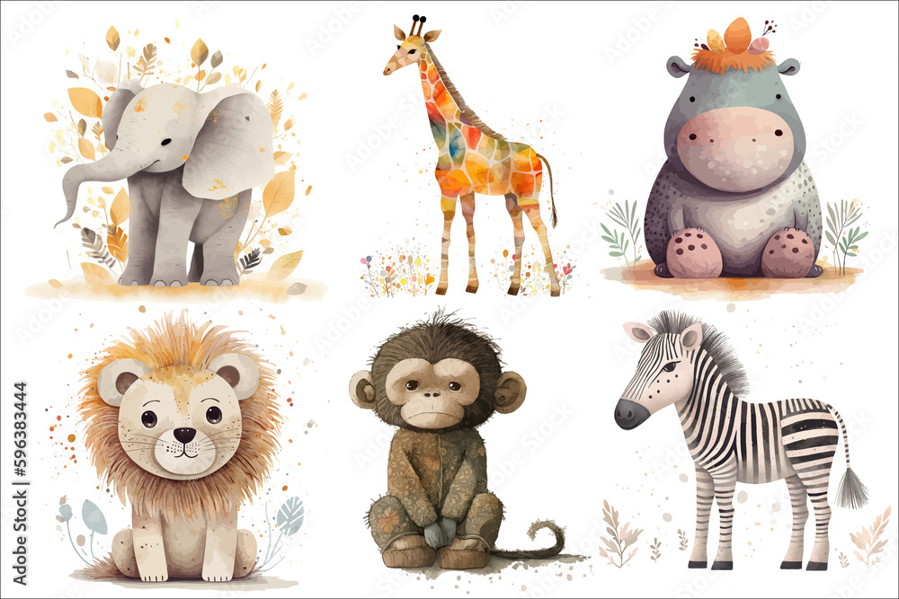 Safari Animal set lion, hippopotamus, zebra, giraffe, elephant, monkey ...