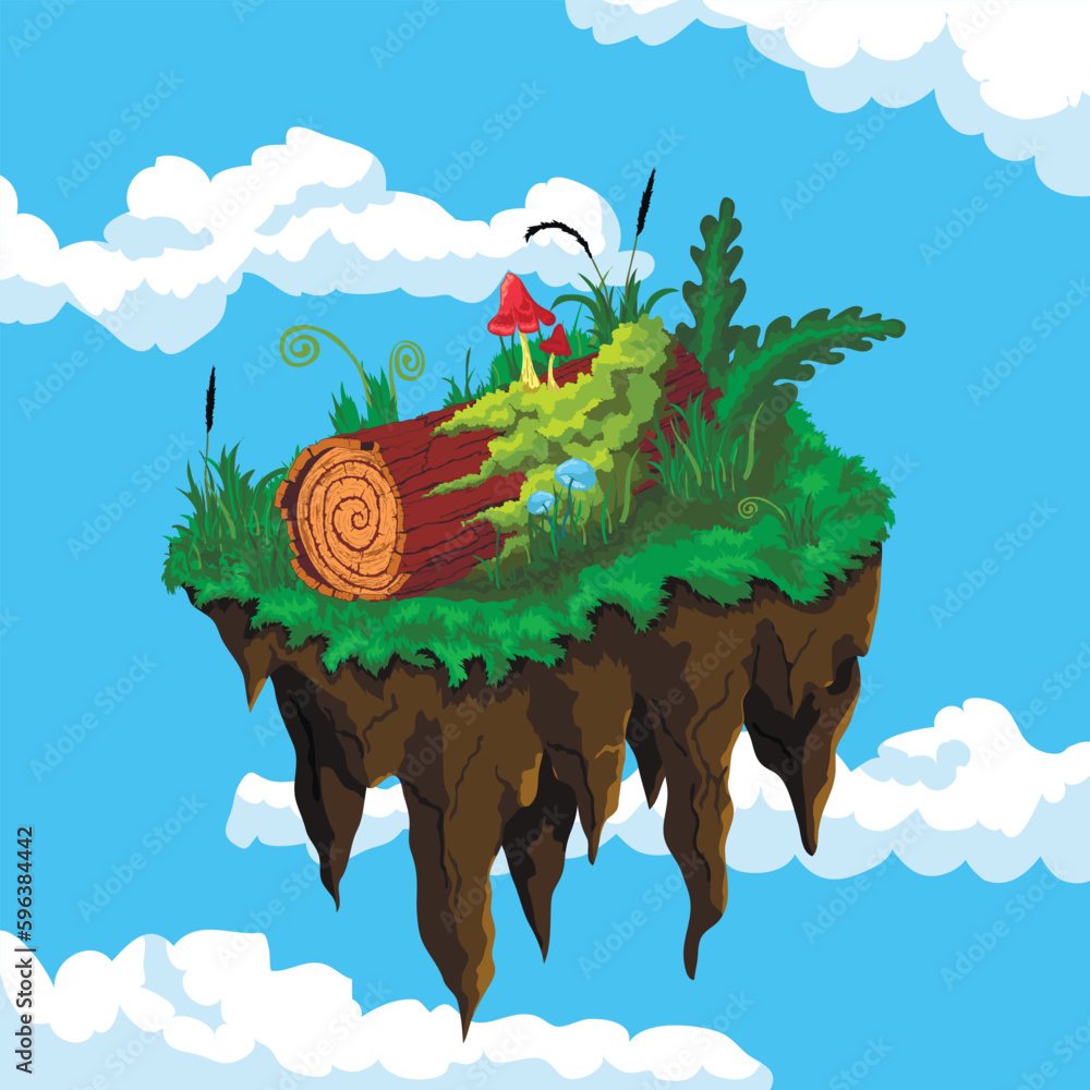 Green flying island cartoon illustration. Colorful vector image of ...
