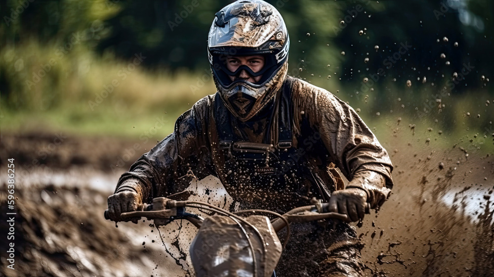 man riding a bike in mud with a helmet on, generative ai Stock ...