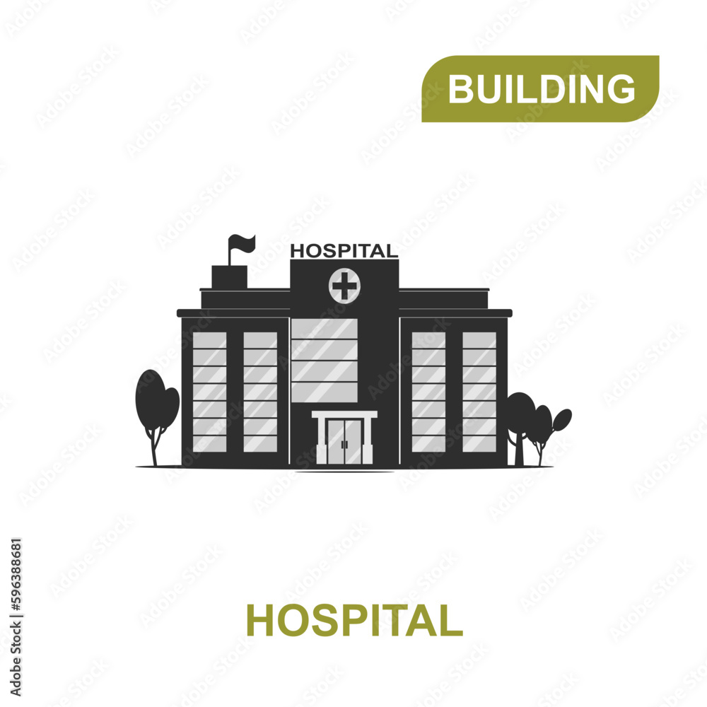 A simple illustration of a hospital. The hospital building is black in ...