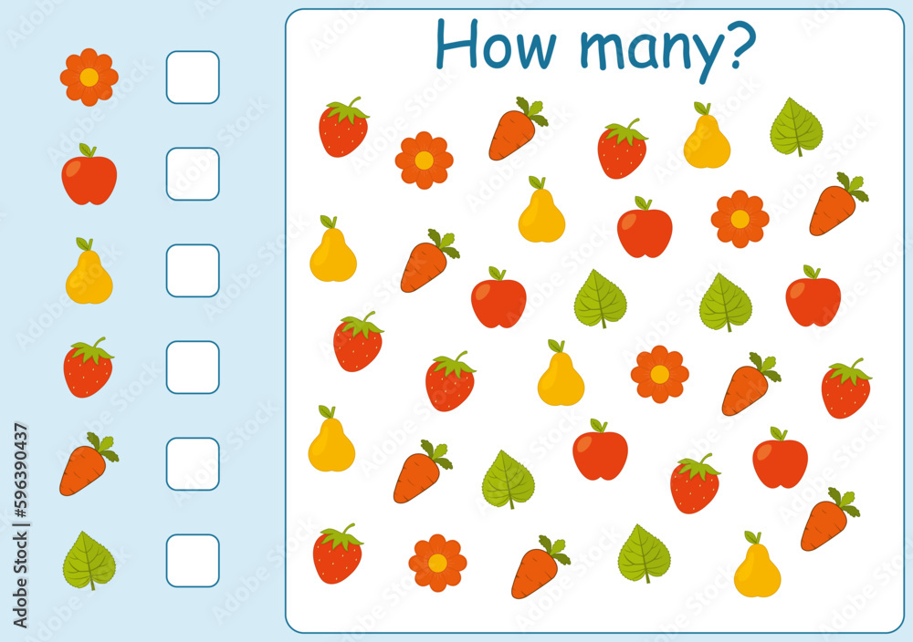 I spy game for kids.How many fruits and vegetables are there. Math game ...