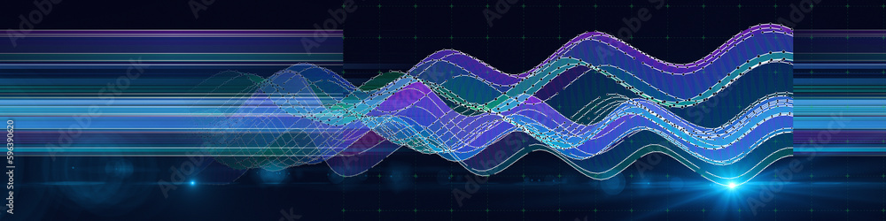 Abstract Background Color Wavy Grid With White Dots And Data Blurred Lines On Black Technology