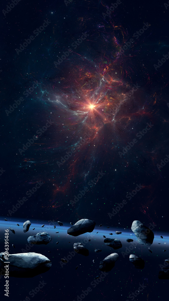 Space background. Colorful fractal nebula with asteroids, planetary ring and star field. Digital ...