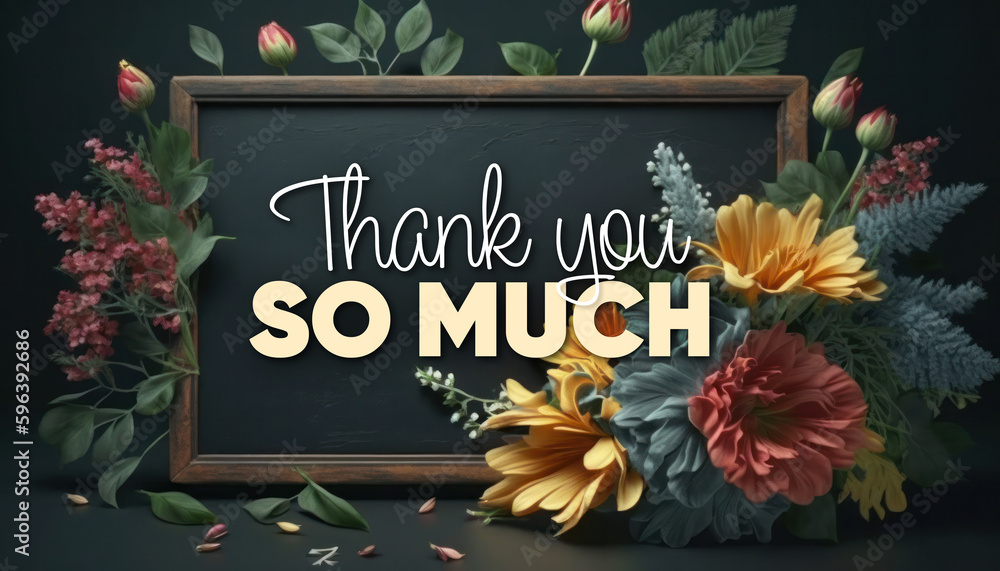 Blackboard thank you message dark background concept with flowers ...