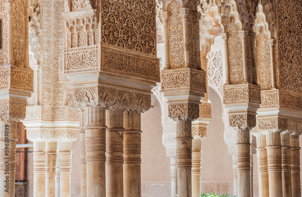 Court of the Lions surrounding with arches and columns decorated ...