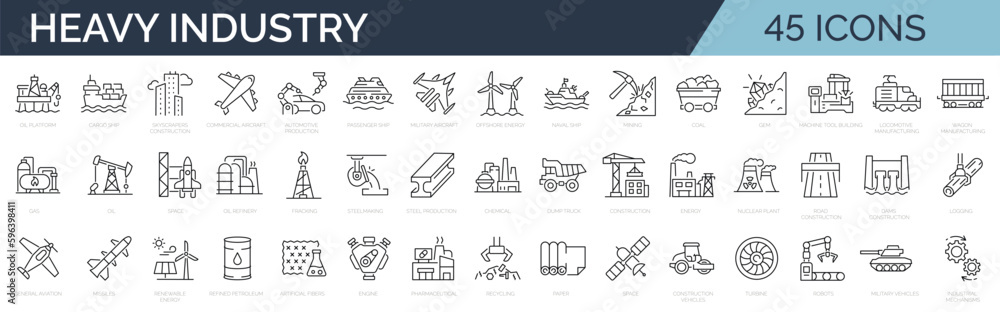 Set of 45 icons related to heavy industry, aerospace, shipbuilding ...