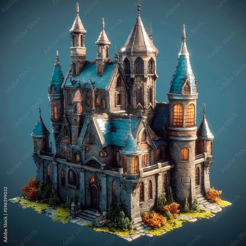 Set of fantasy gothic dark castle isometric icons isolated. Medieval ...