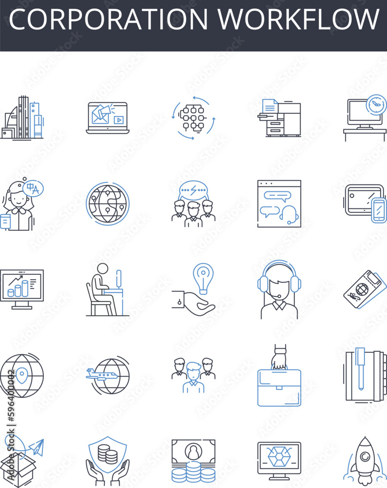 Corporation workflow line icons collection. Supportive, Assistance ...