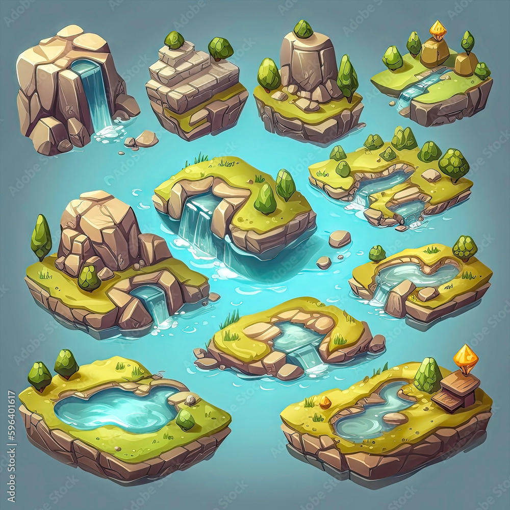 Set of fantasy isometric islands with lakes icons, isolated. 2d casual ...