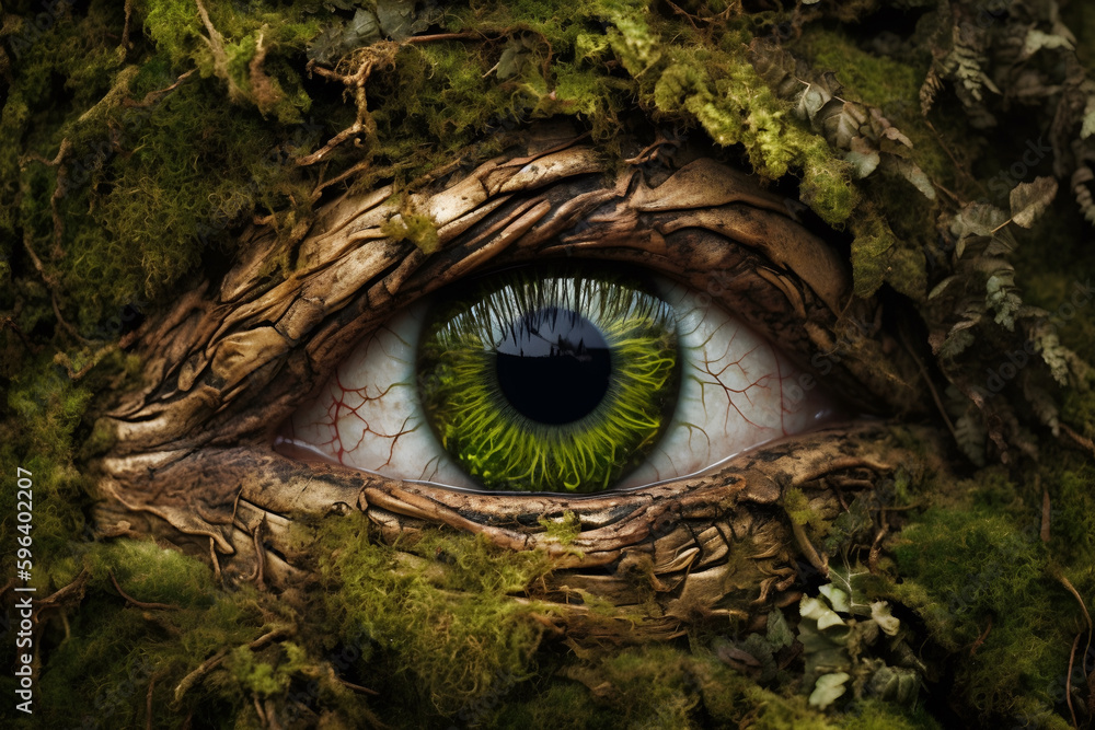 Nature's eye. a green color human eye made of leaves and vines, with a ...