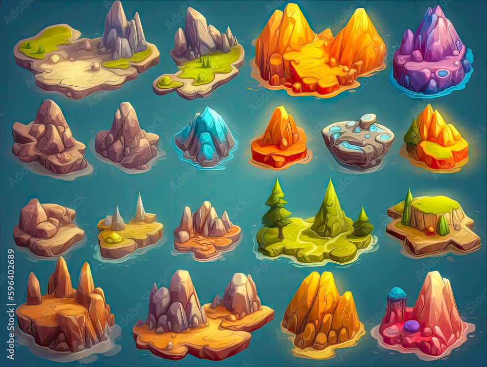Set of fantasy isometric islands with lakes and mountains icons ...
