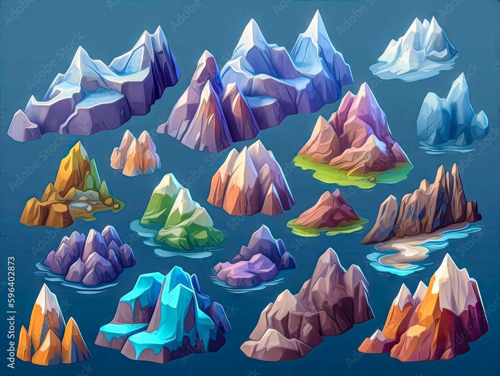 Set of fantasy isometric islands with mountains icons, isolated. 2d ...