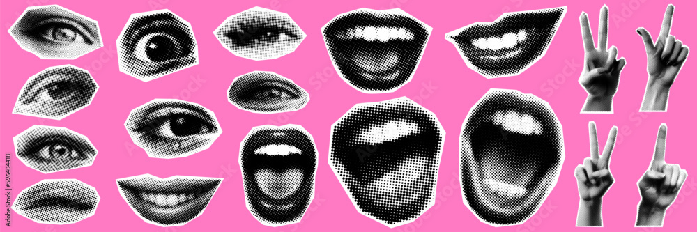 Big trendy halftone collage sticker set. Hand gestures, lips, eyes ...