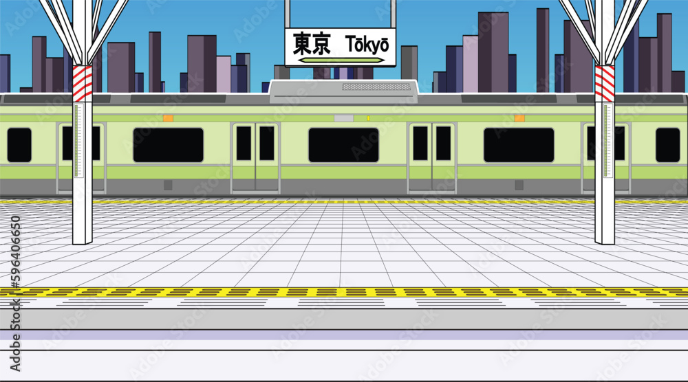 Japan railway or train station platform with green color passenger car ...