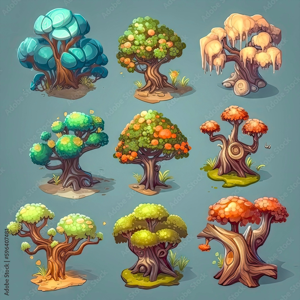 Set of fantasy colorful trees, isometric isolated. 2d casual game asset ...