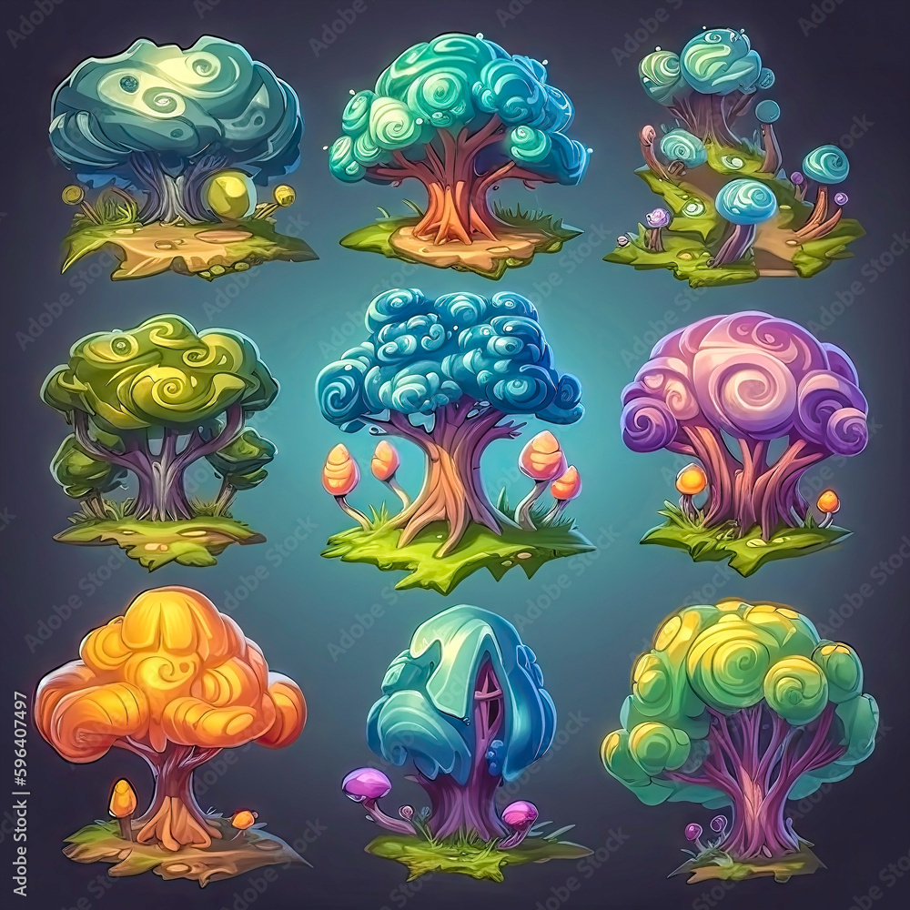 Set of fantasy colorful trees, isometric isolated. 2d casual game asset ...