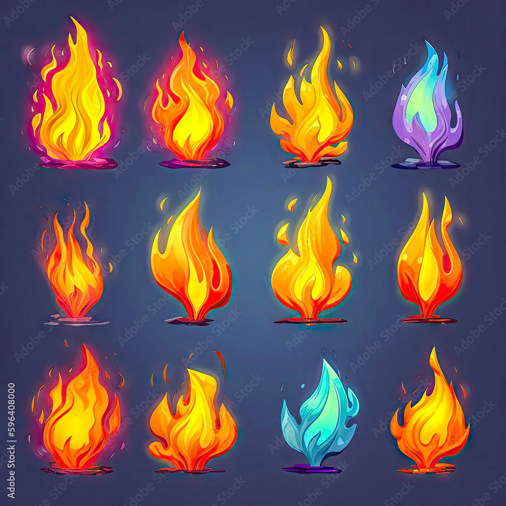 Set of fantasy colorful flame icons, isolated. 2d casual game asset ...
