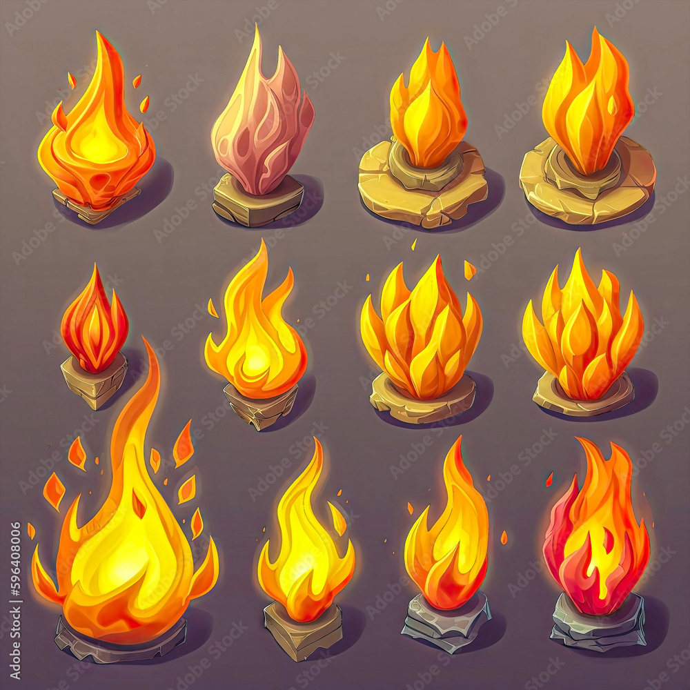 Set of fantasy colorful flame icons, isolated. 2d casual game asset ...