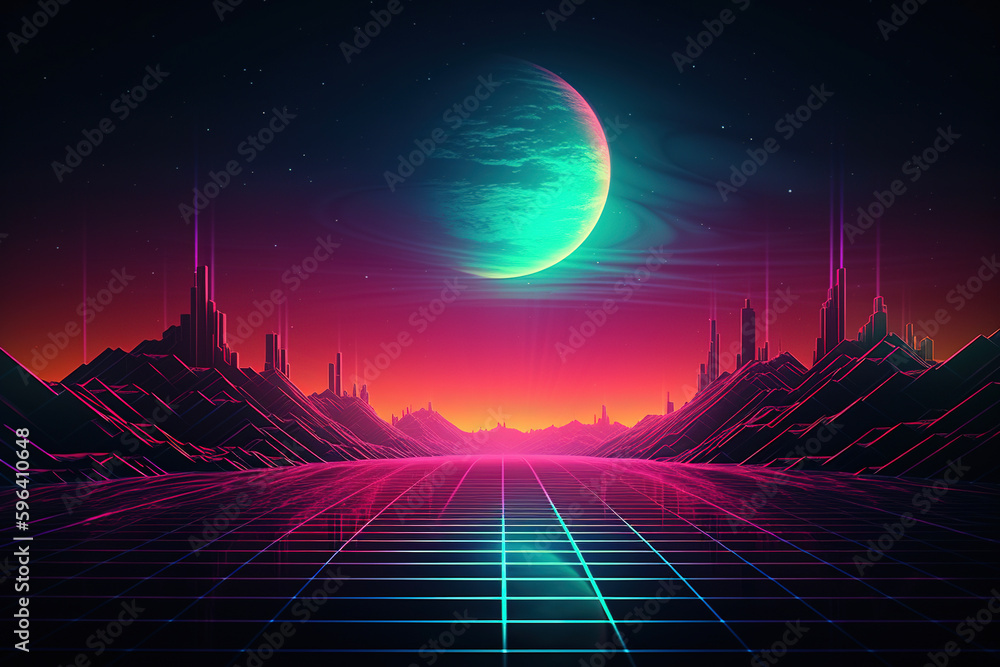 Retro neon synthwave wallpaper with mountains. Ai Stock Illustration ...
