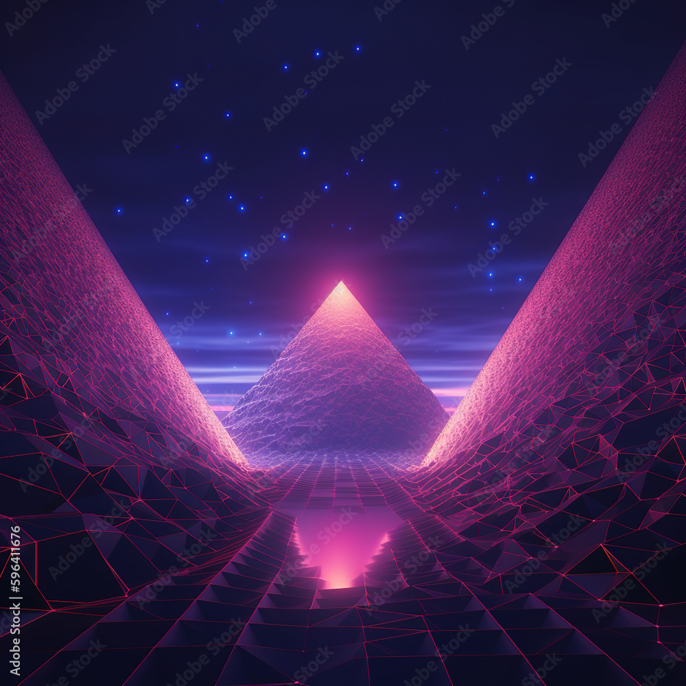 Abstract neon pyramid background with glowing laser line triangular. 3D ...