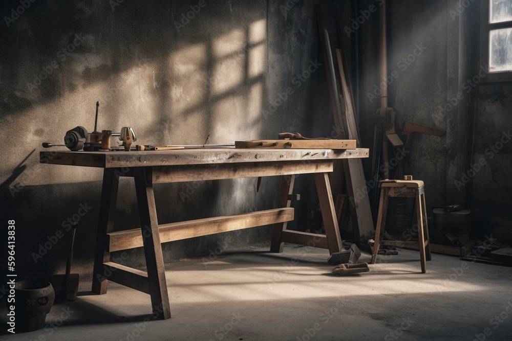 Wooden workbench by a concrete wall with post-production enhancements ...