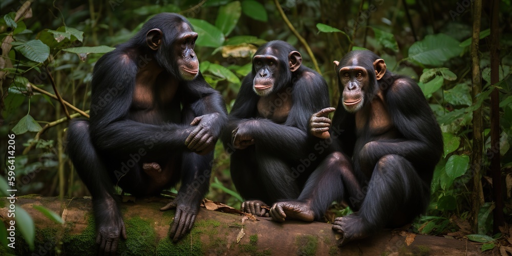 A family of chimpanzees grooming each other in a lush jungle, concept ...
