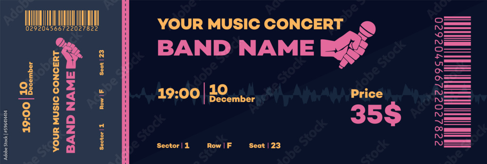Party or Music Concert ticket template with barcode. Microphone and ...