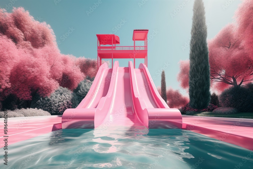 Pink blank water slide and pool visualization with various angles ...