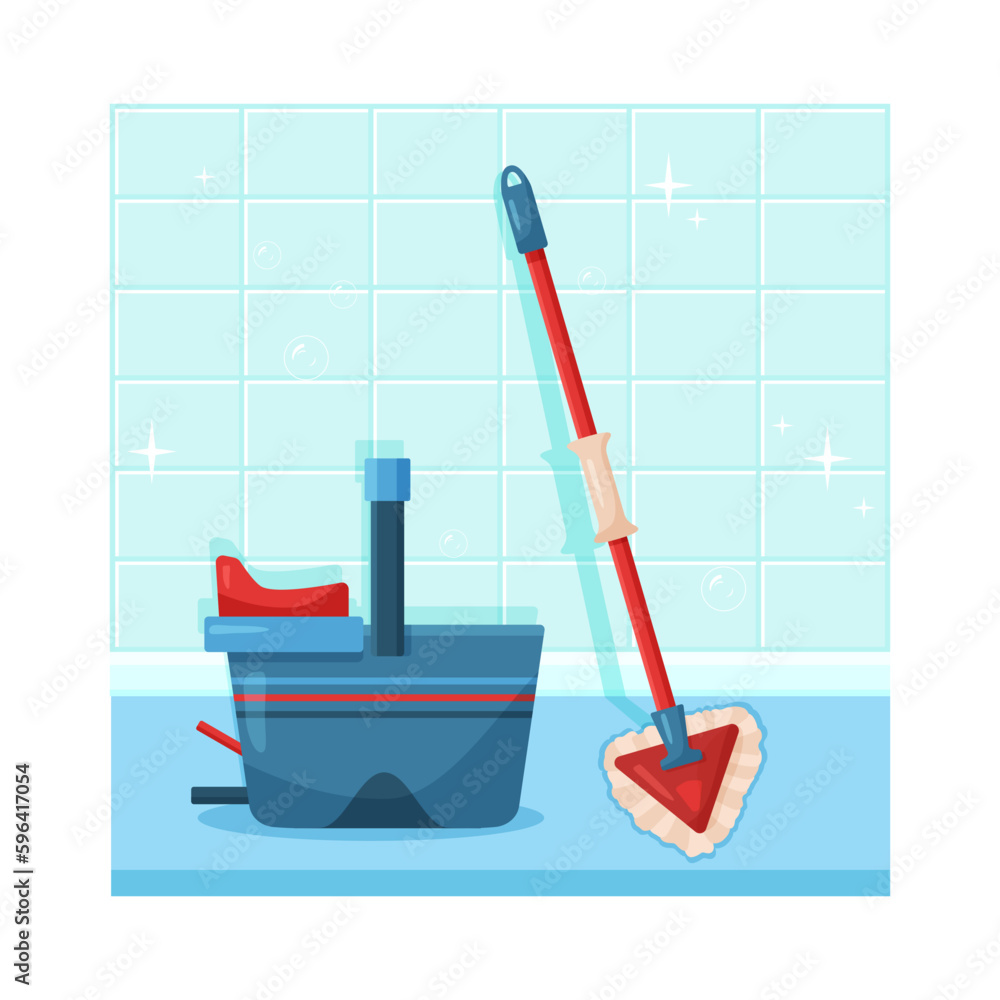 Flat bucket and mop stand near blue tiled wall. Red mop with brush and ...