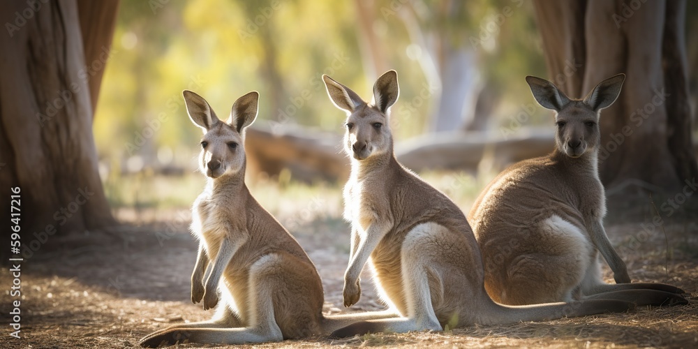 A family of kangaroos relaxing and grooming each other in the shade of ...