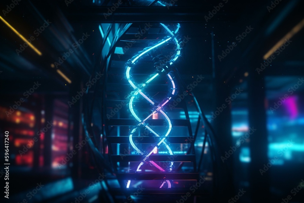 Bright neon light illuminates 3D double helix DNA molecule structure ...