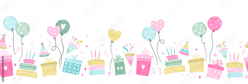Fun hand drawn party seamless background with cakes, gift boxes ...