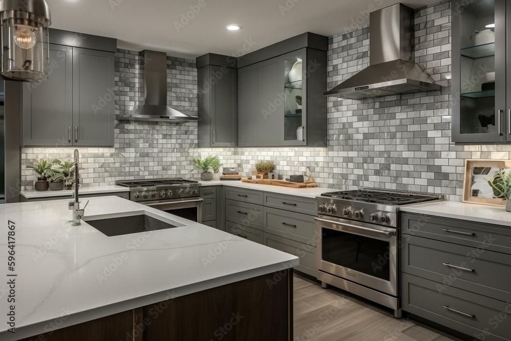 Contemporary gray kitchen with flat panel cabinets, white quartz ...