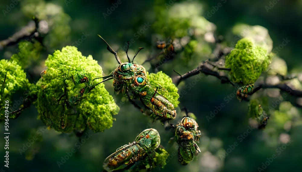 Cicadas in ancient trees with long branches green nature surrealism ...