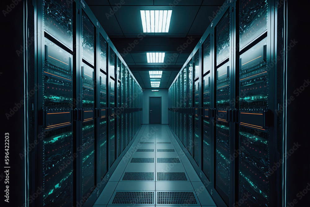 Rows of servers in datacenter, working to process complex computations ...