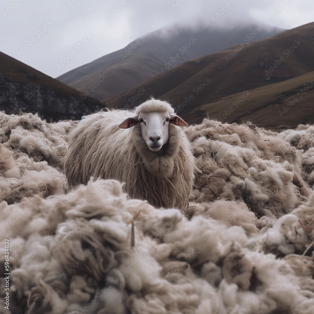 Merino sheep against the background of a large amount of sheep wool ...