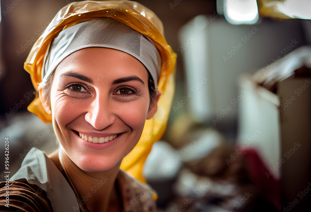 Worker in waste recycling plant wearing plastic helmet and special ...