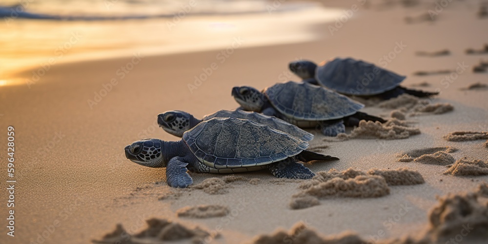 A family of sea turtles hatching from their eggs and making their way ...