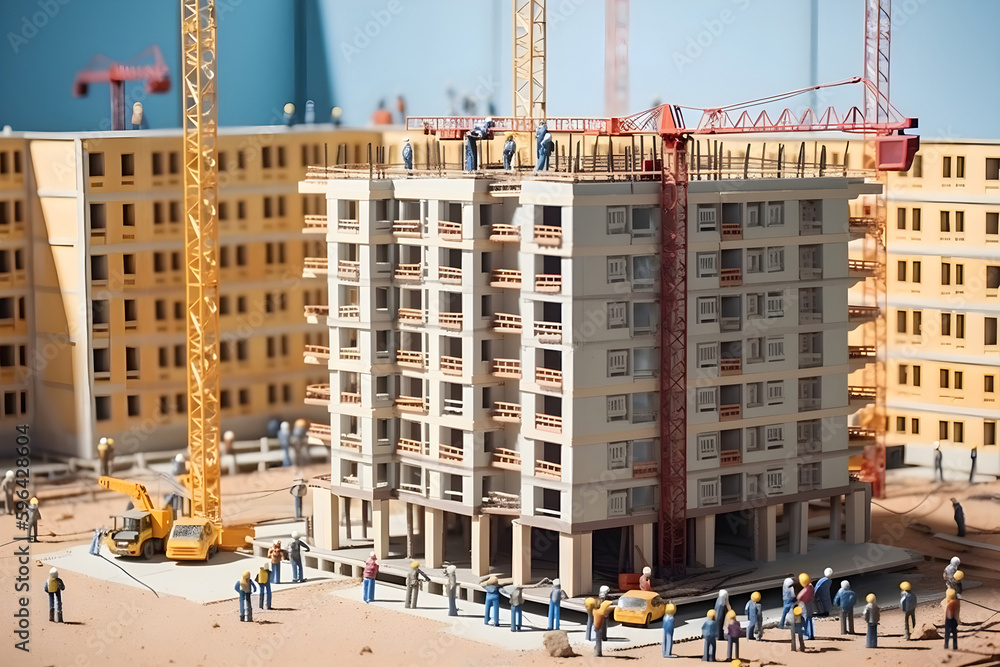 Cartoon illustration of workers building a multi-storey residential ...