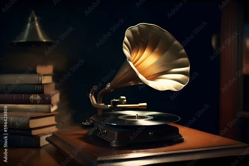Golden vintage gramophone with vinyl flat record on dark background ...