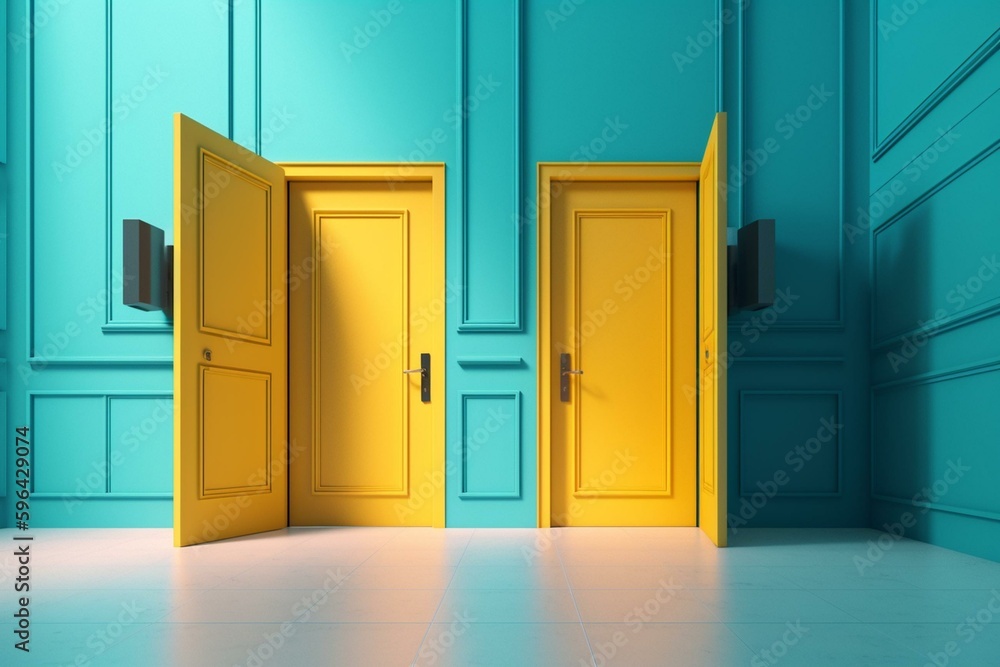 Modern architectural design with double doors opening on a blue and ...