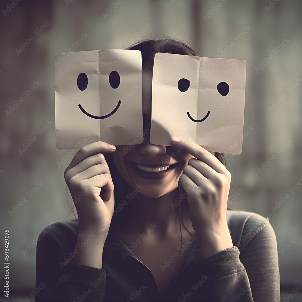 Young girl covers his face with happy and winking smiley face drawn on ...