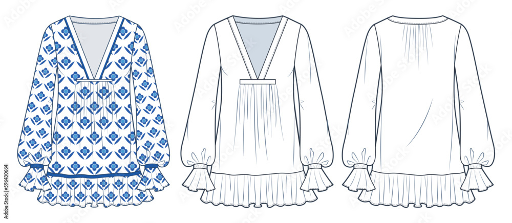 Women's Ruffled Dress technical fashion illustration, floral design ...