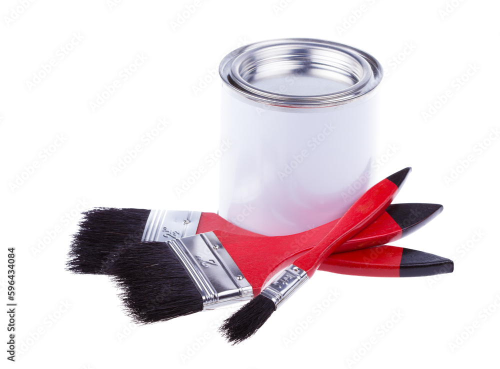 Generic can with paint and red paintbrushes for painting walls ...