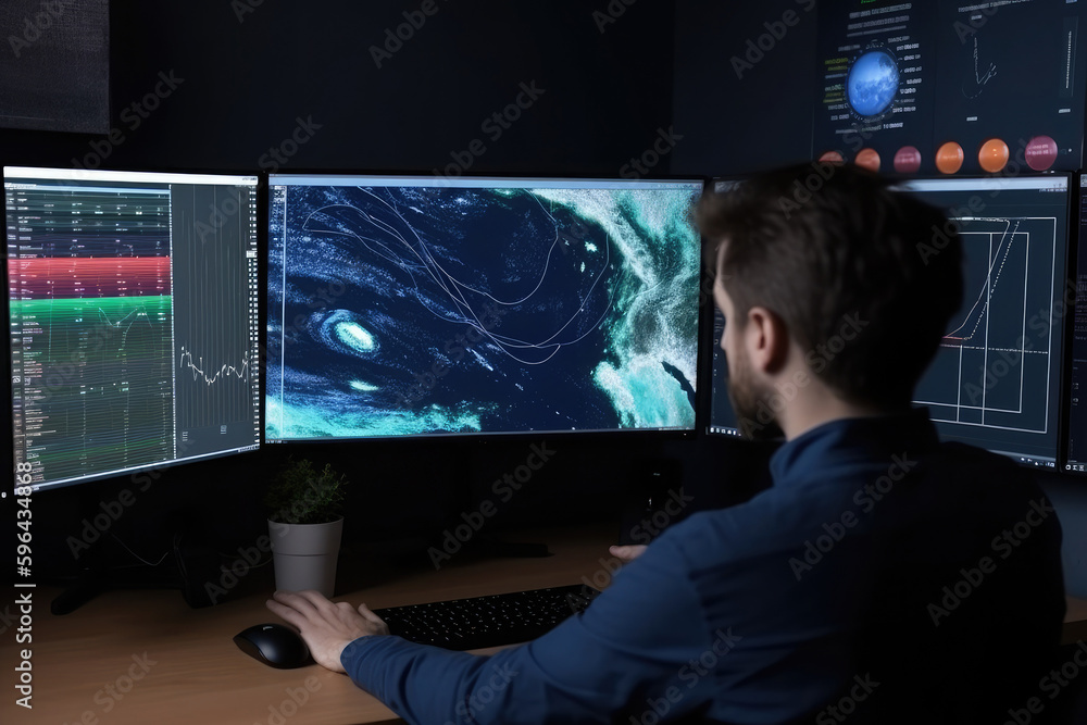 Meteorologist monitoring weather forecast at monitor screen. Workplace ...