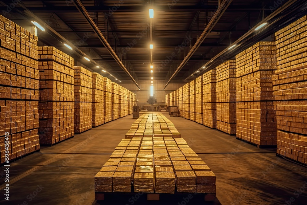 In the vast warehouse, stacks of shimmering gold bars are arranged in ...