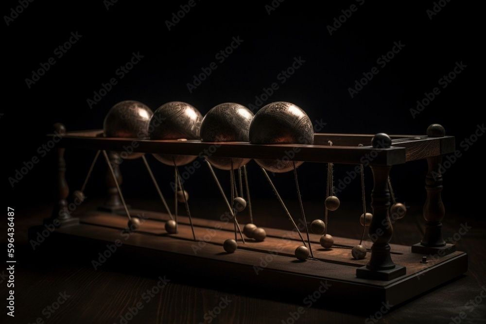 A cradle featuring five balls that demonstrate Newton's laws of motion ...