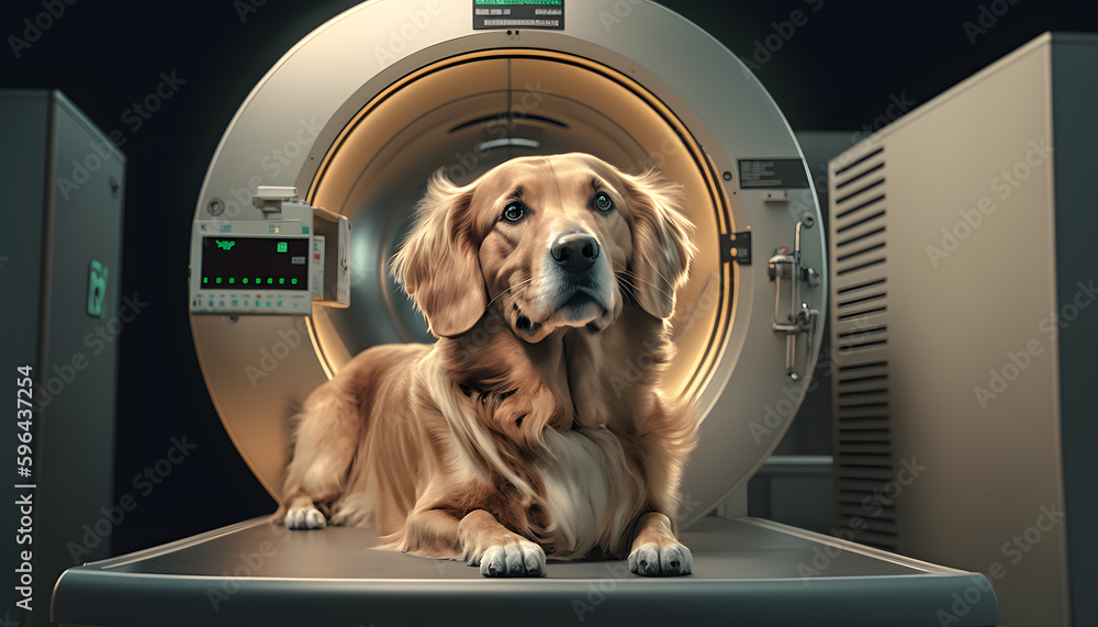 Dog lying on table before scanning in MRI equipment in veterinary ...