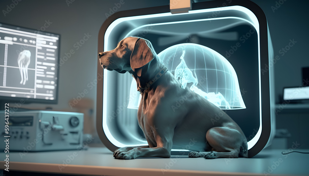 Dog lying on table before scanning in xray, ultrasound equipment in ...