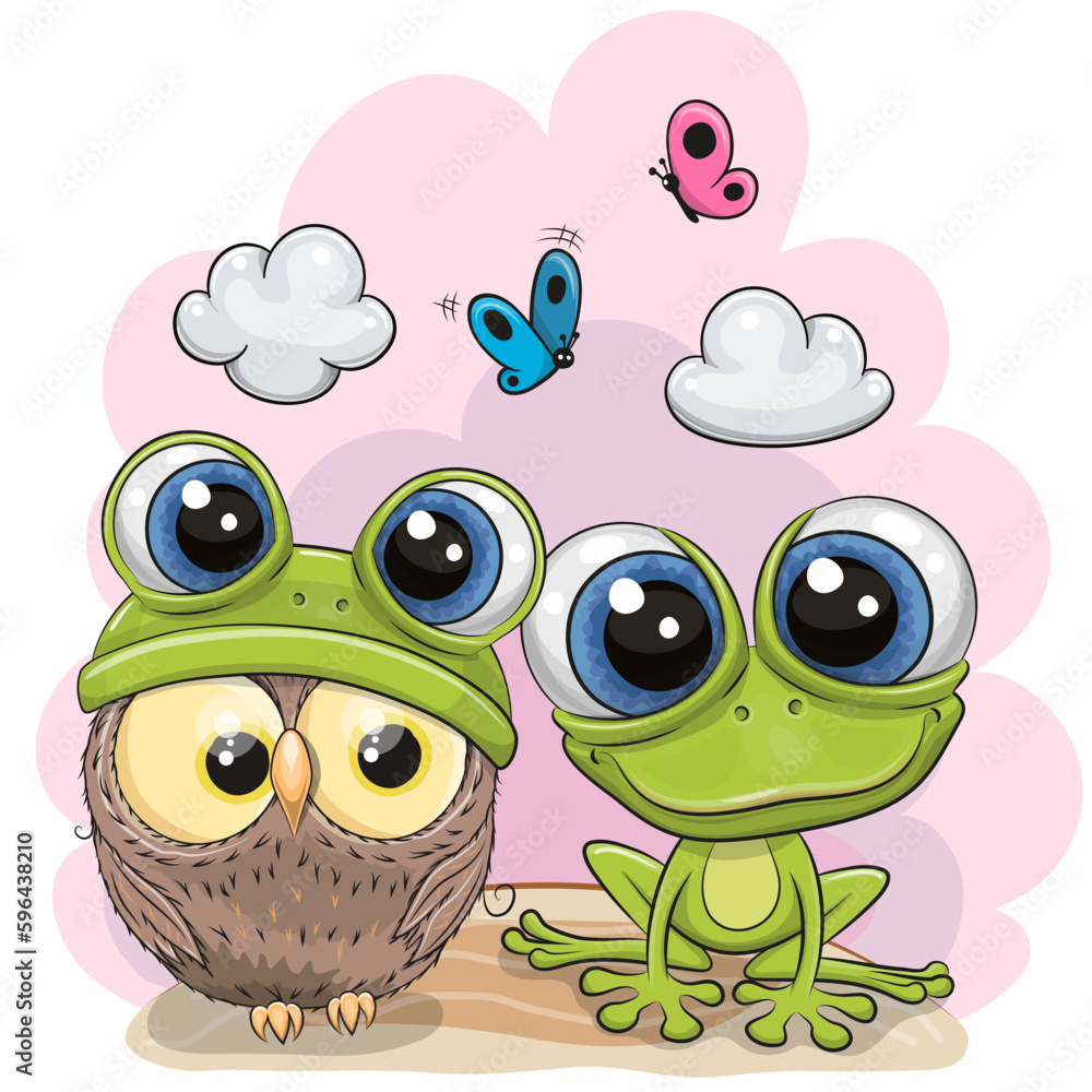 Cartoon Frog and owl on the meadow Stock Vector | Adobe Stock